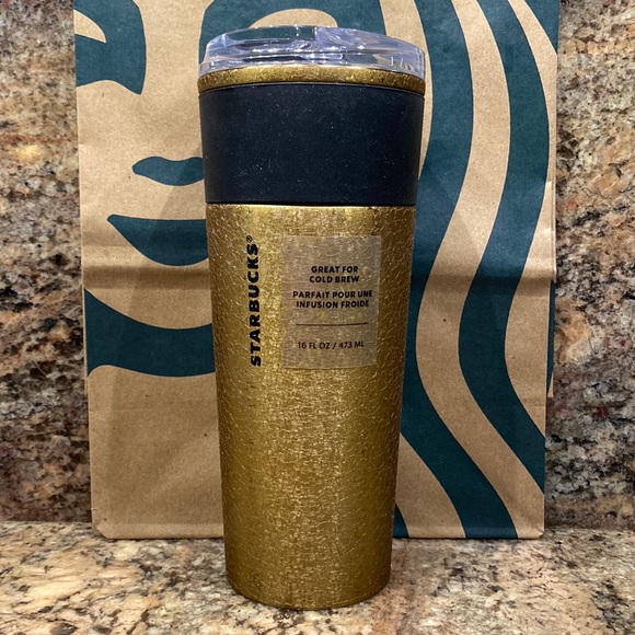 Starbucks | Kitchen | Starbucks Fall 22 Gold Marble Wblack Grip Ss ...